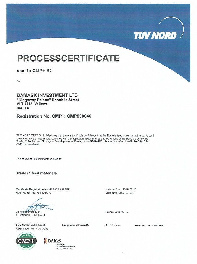 GMP+ Certificate – Damask Investment Malta